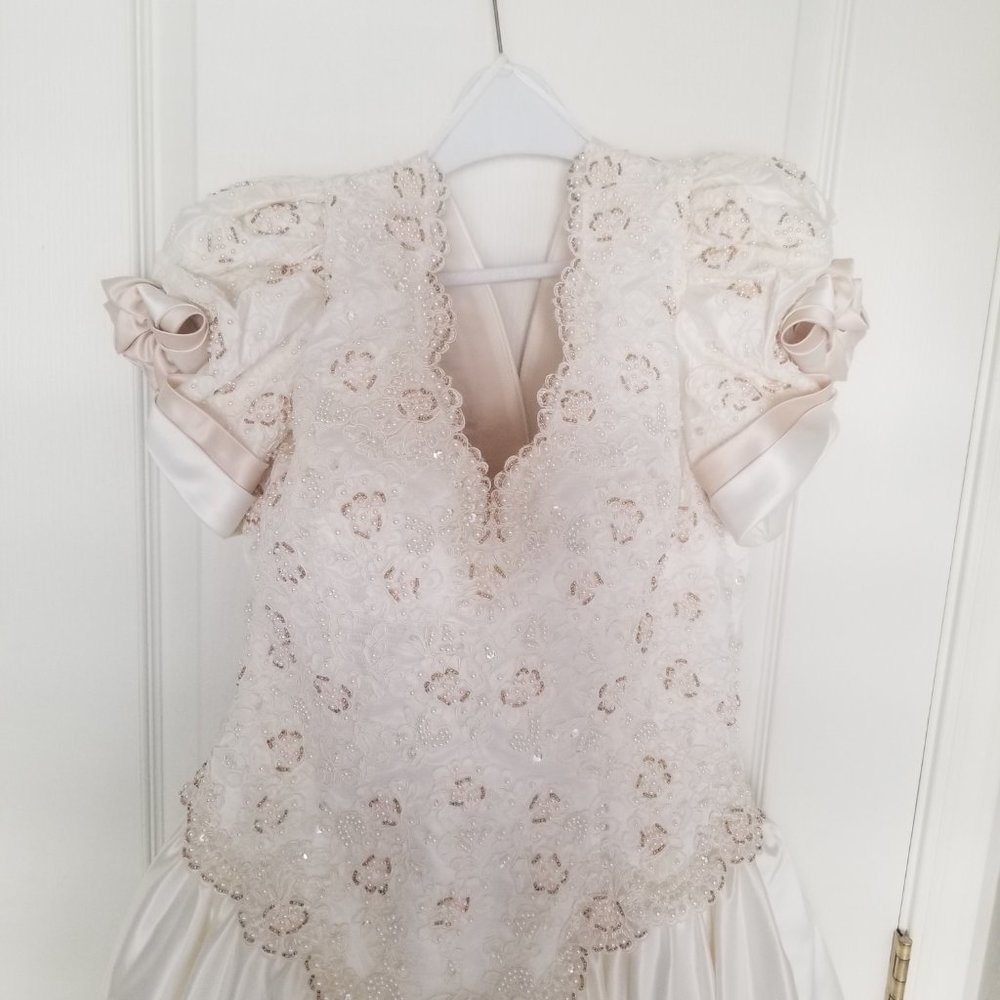 Ivory And Rum Pink Satin Rose Bustle Wedding Dress - Gem